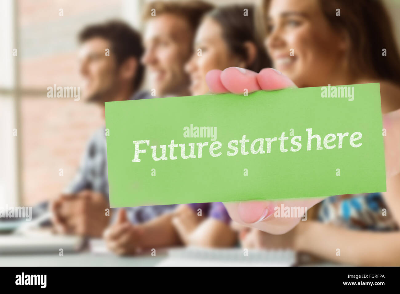 Future starts here against smiling friends students talking and writing Stock Photo - Alamy