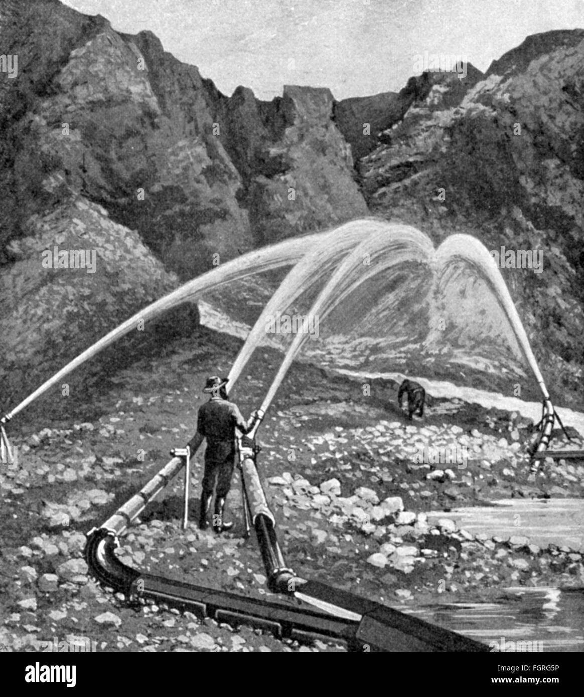 metal, gold, hydraulic gold washing, California, drawing, after "Le ...