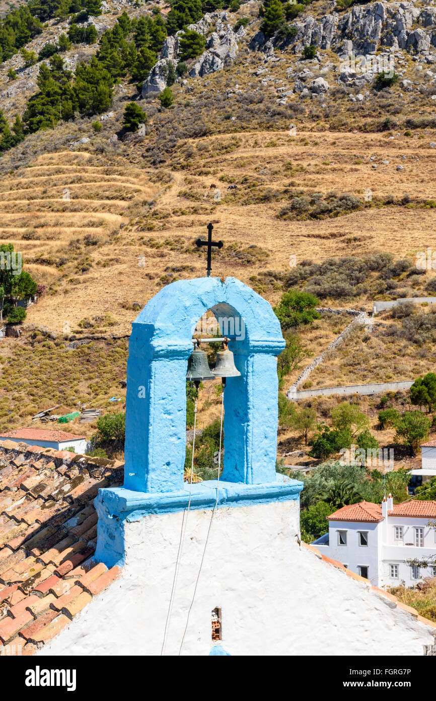 Small church belfry overlooking the dry Hydriot hillside, Hydra Island ...