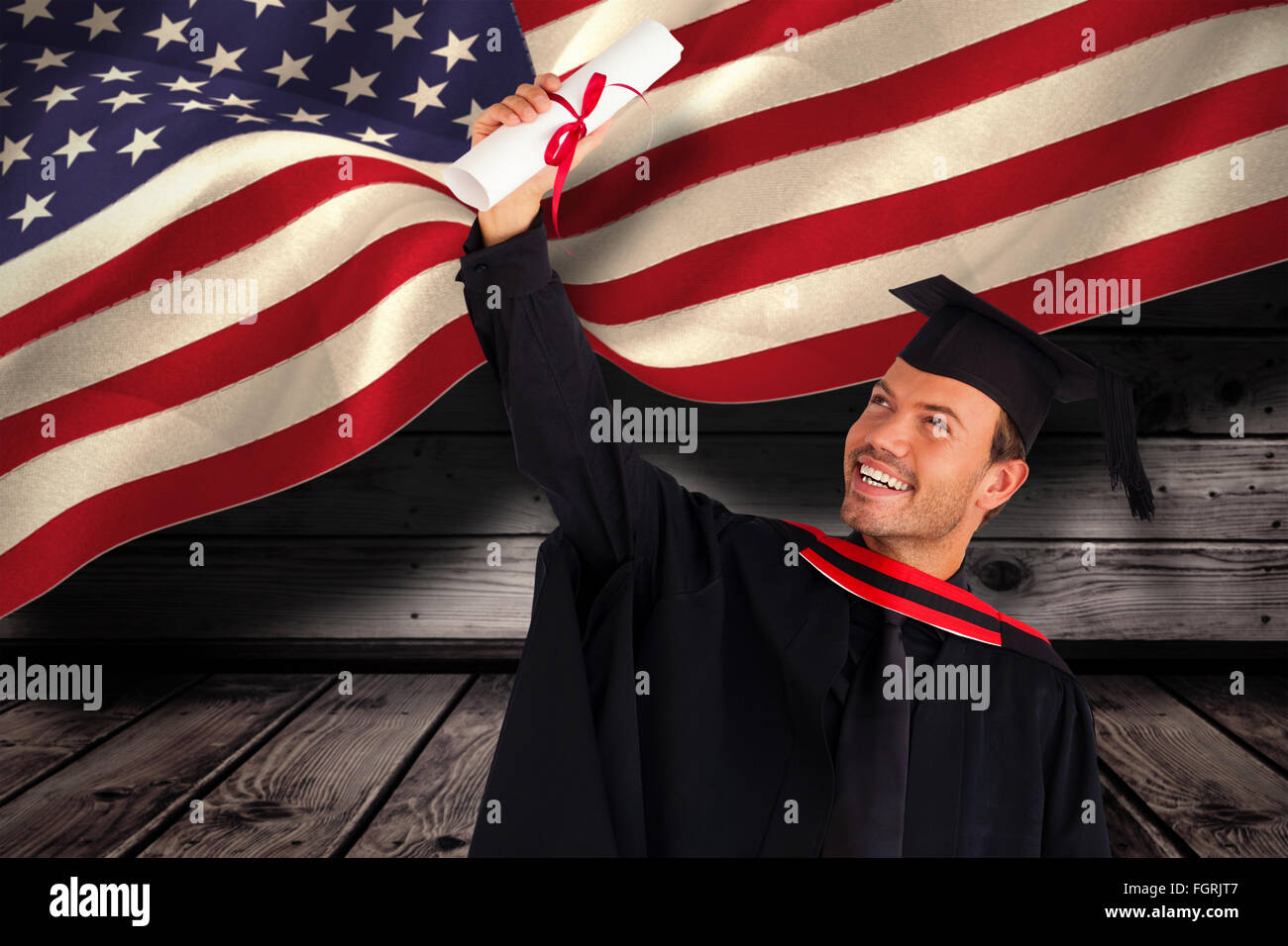 Composite image of happy attractive boy celebrating his graduation ...