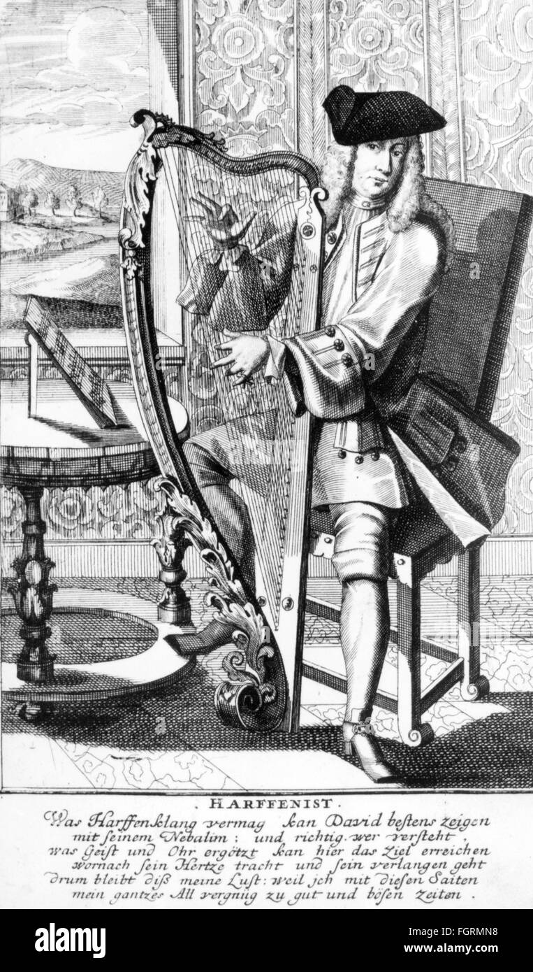 music, musician, harpist, after copper engraving, "Musikalisches ...