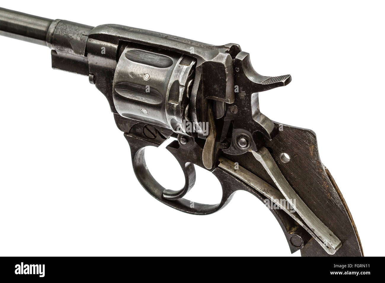Disassembled revolver, pistol mechanism, isolated on white background ...