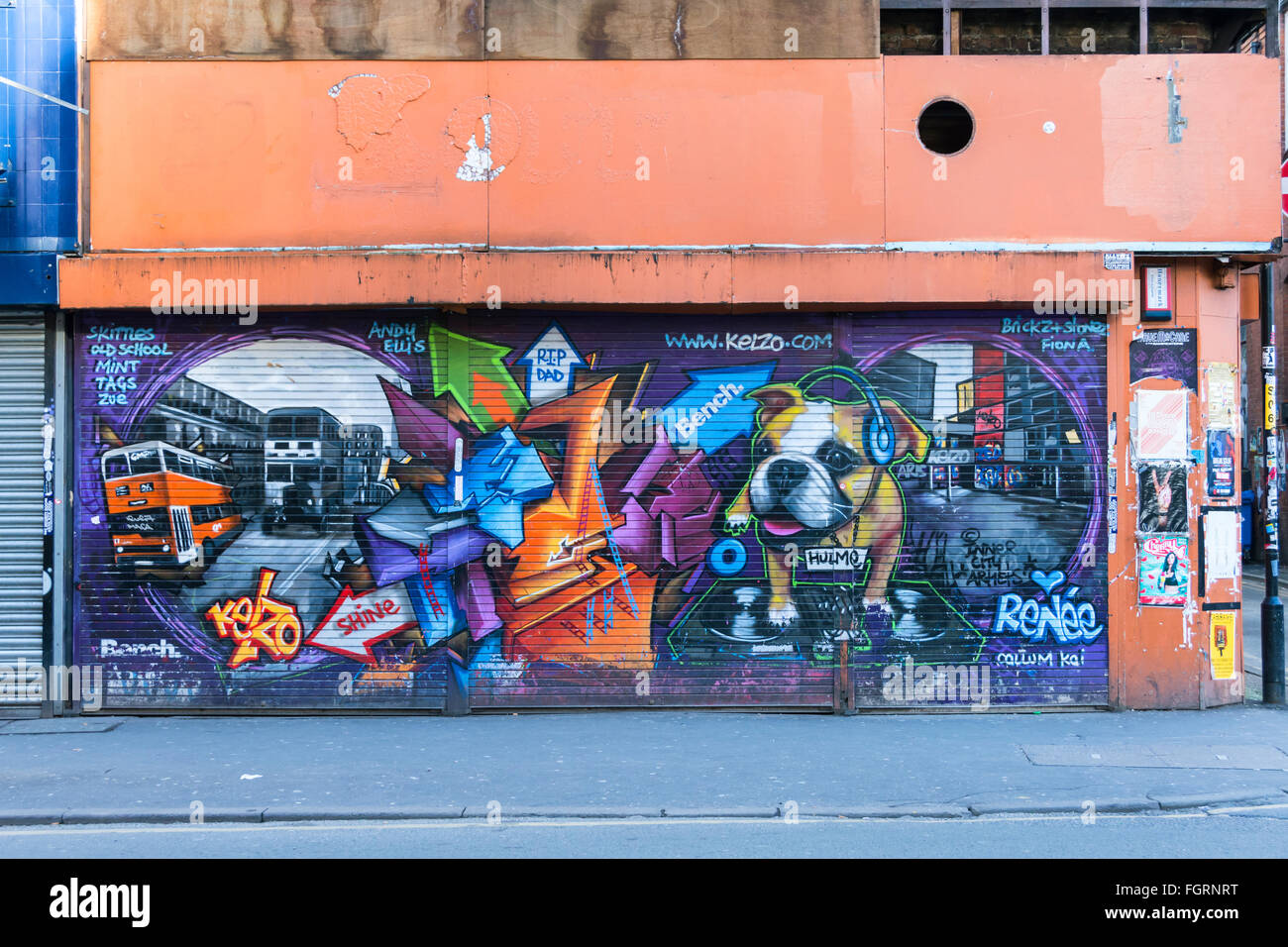 Mural on shop front roller shutter at Stevenson Square, Northern ...