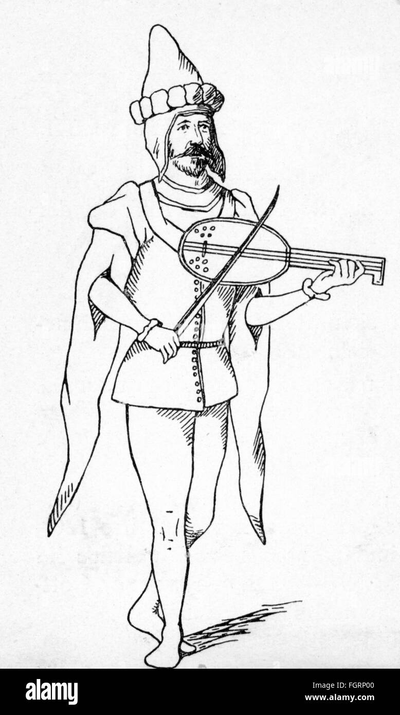 music, musician, bandsman with a rebec, 15th century, wood engraving ...