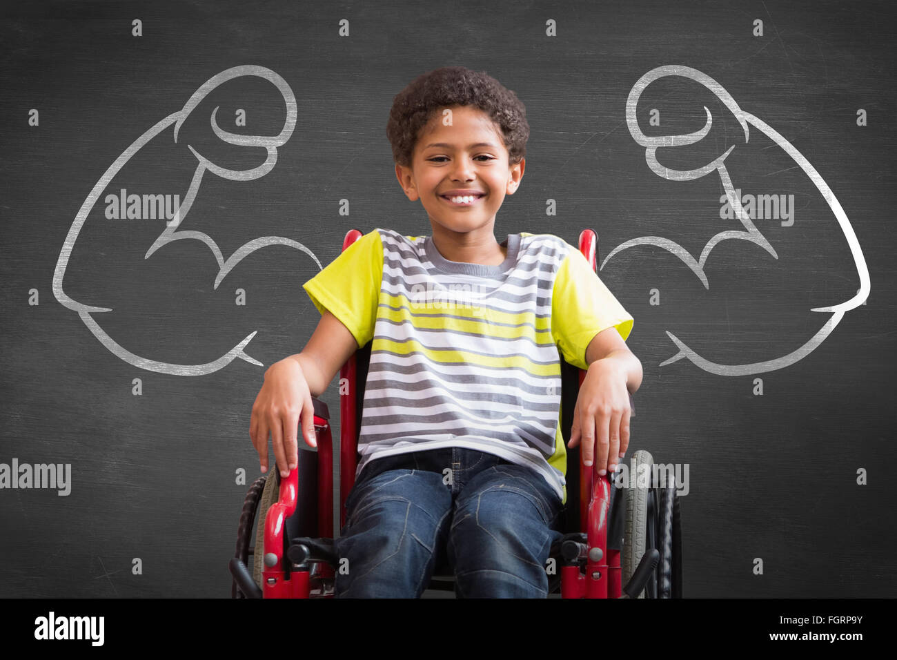 Composite image of cute disabled pupil smiling at camera in hall Stock ...