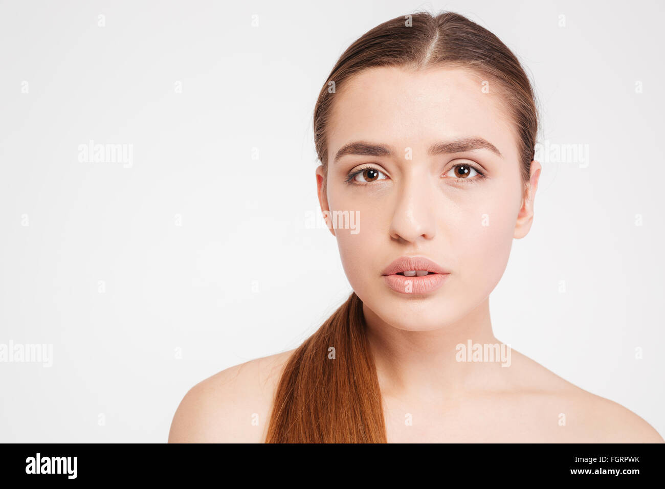Beauty portrait of tender beautiful young woman over white background ...