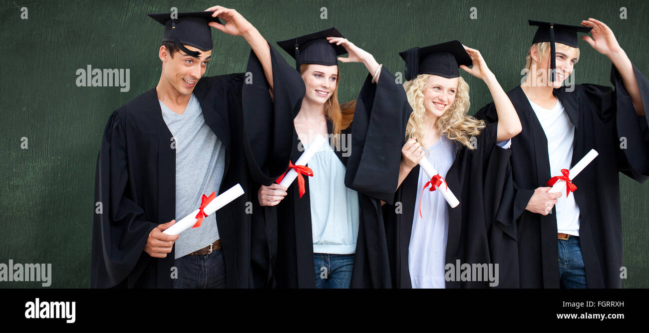 Composite image of group of teenagers celebrating after graduation ...