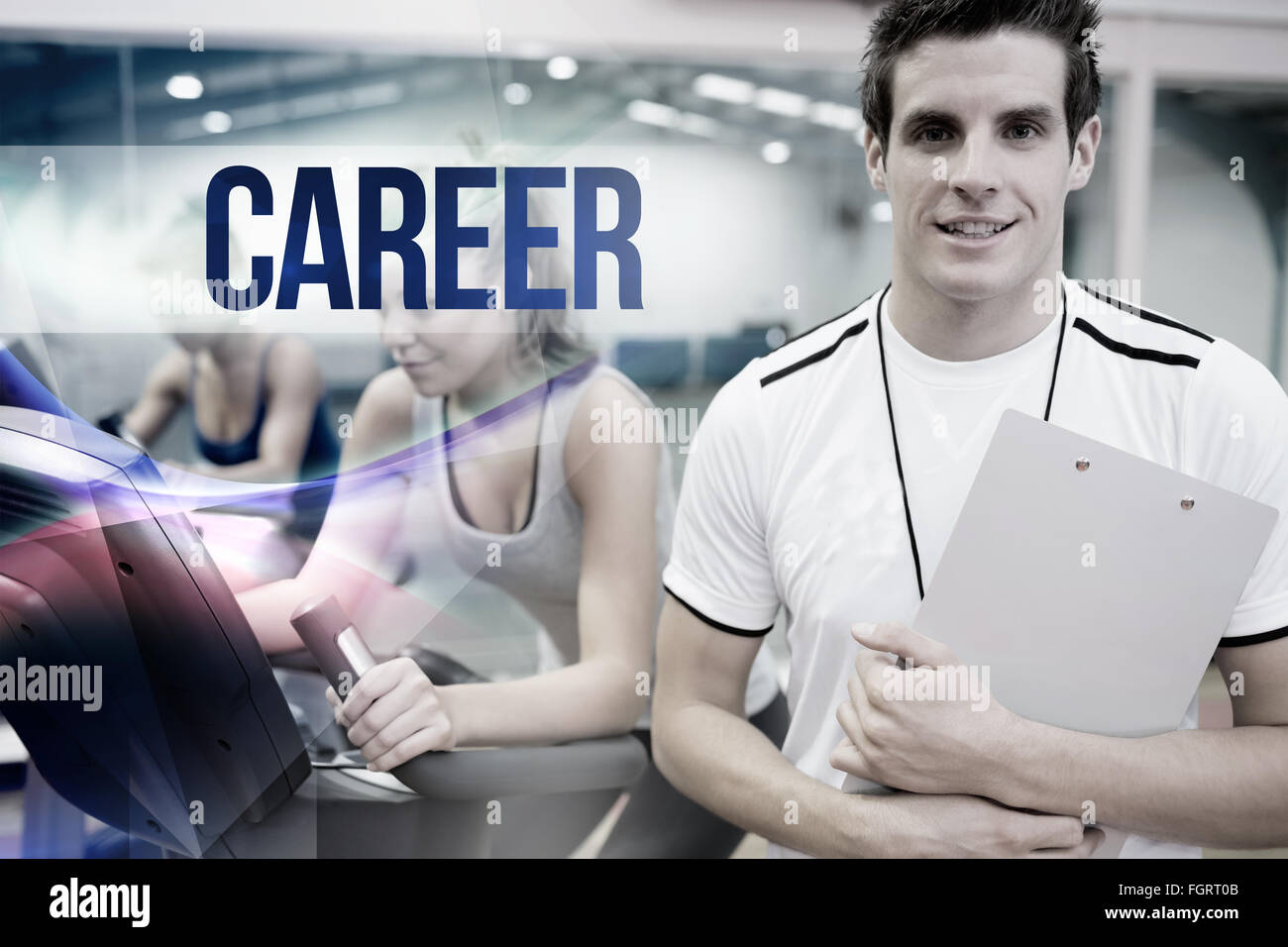 Career against spinning class instructor holding clipboard Stock Photo ...