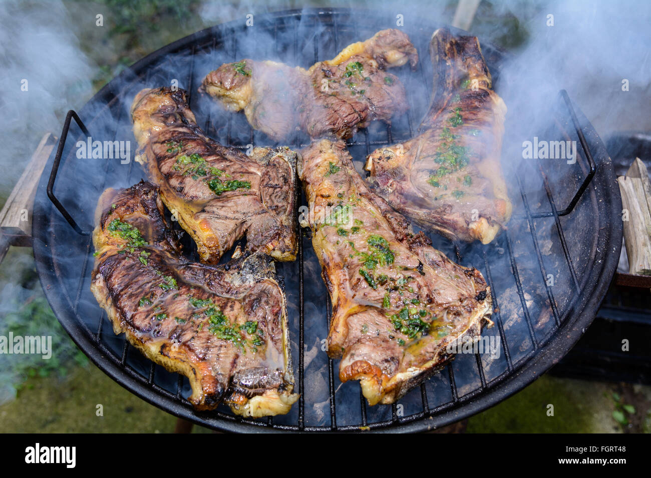 Roast beef, cooked in the outdoor barbecue in a rural location. Sauce ...