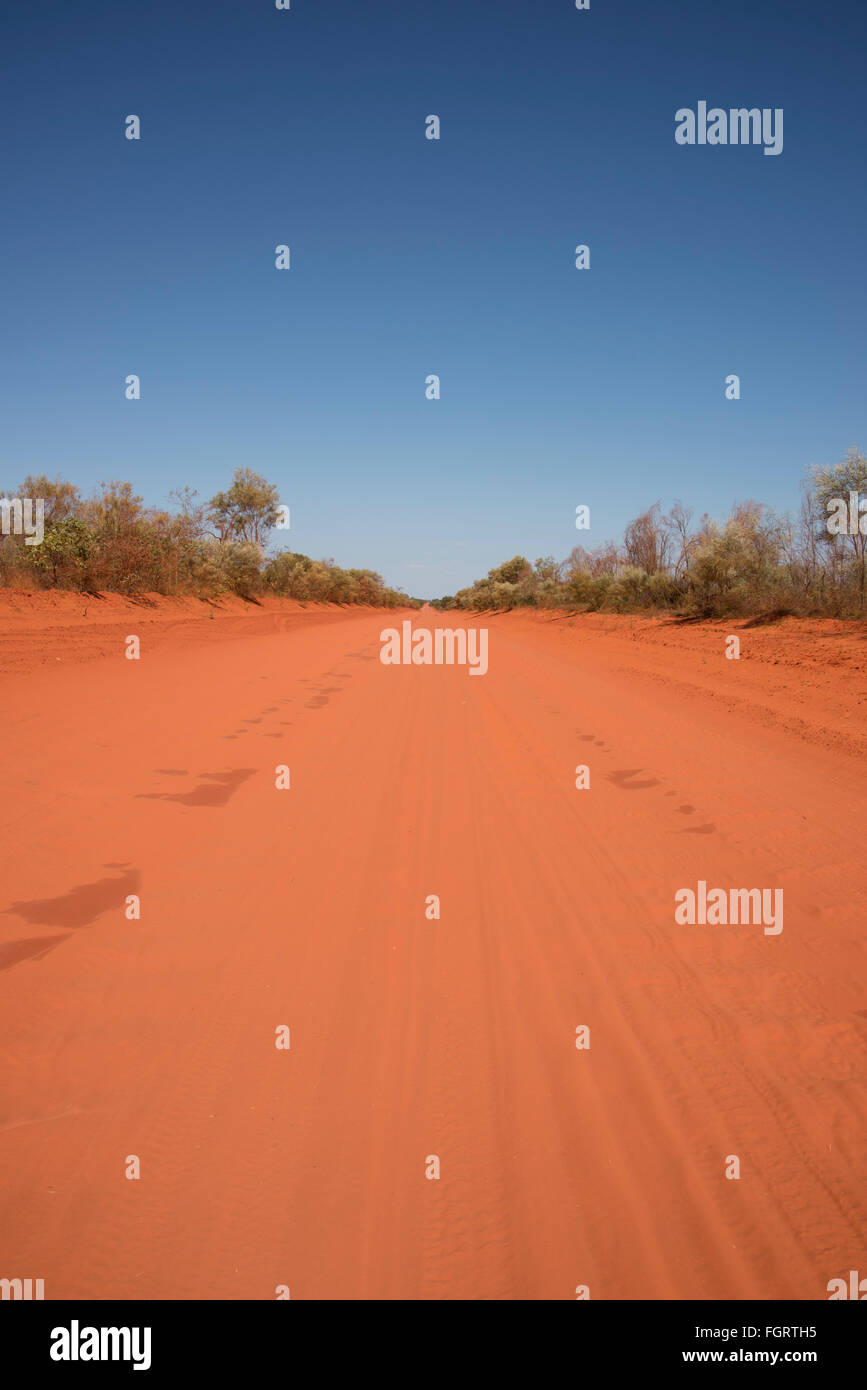 A wide outback vehicle sandy dirt track near Broome, a coastal ...