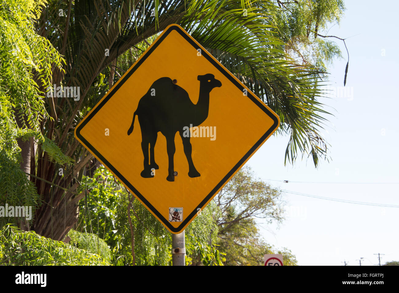 A camel road sign in Broome, a coastal, pearling and tourist town in ...