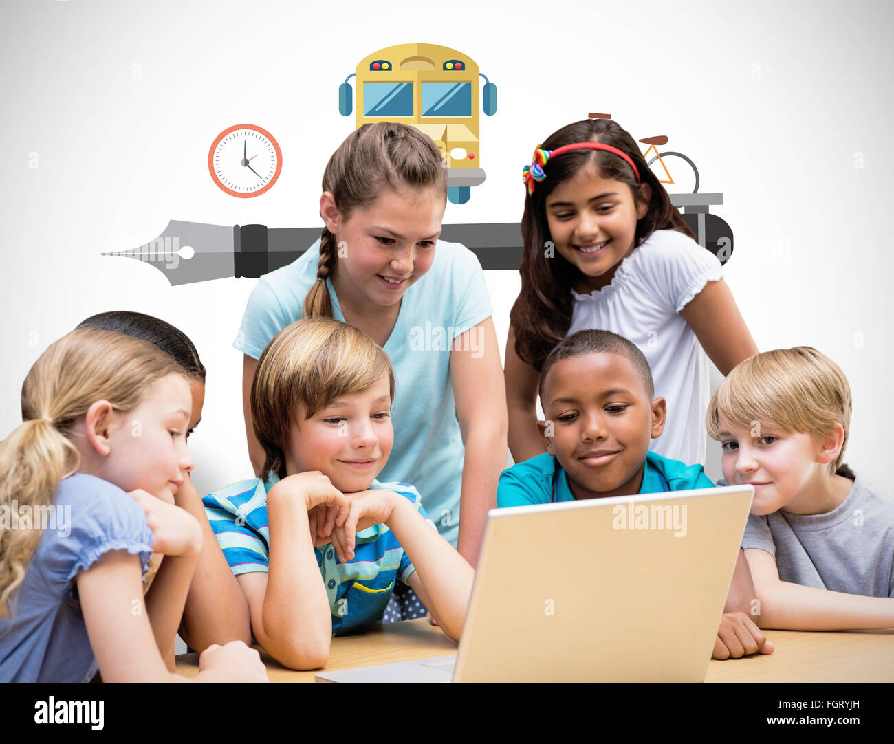 Composite image of cute pupils using tablet computer in library Stock ...