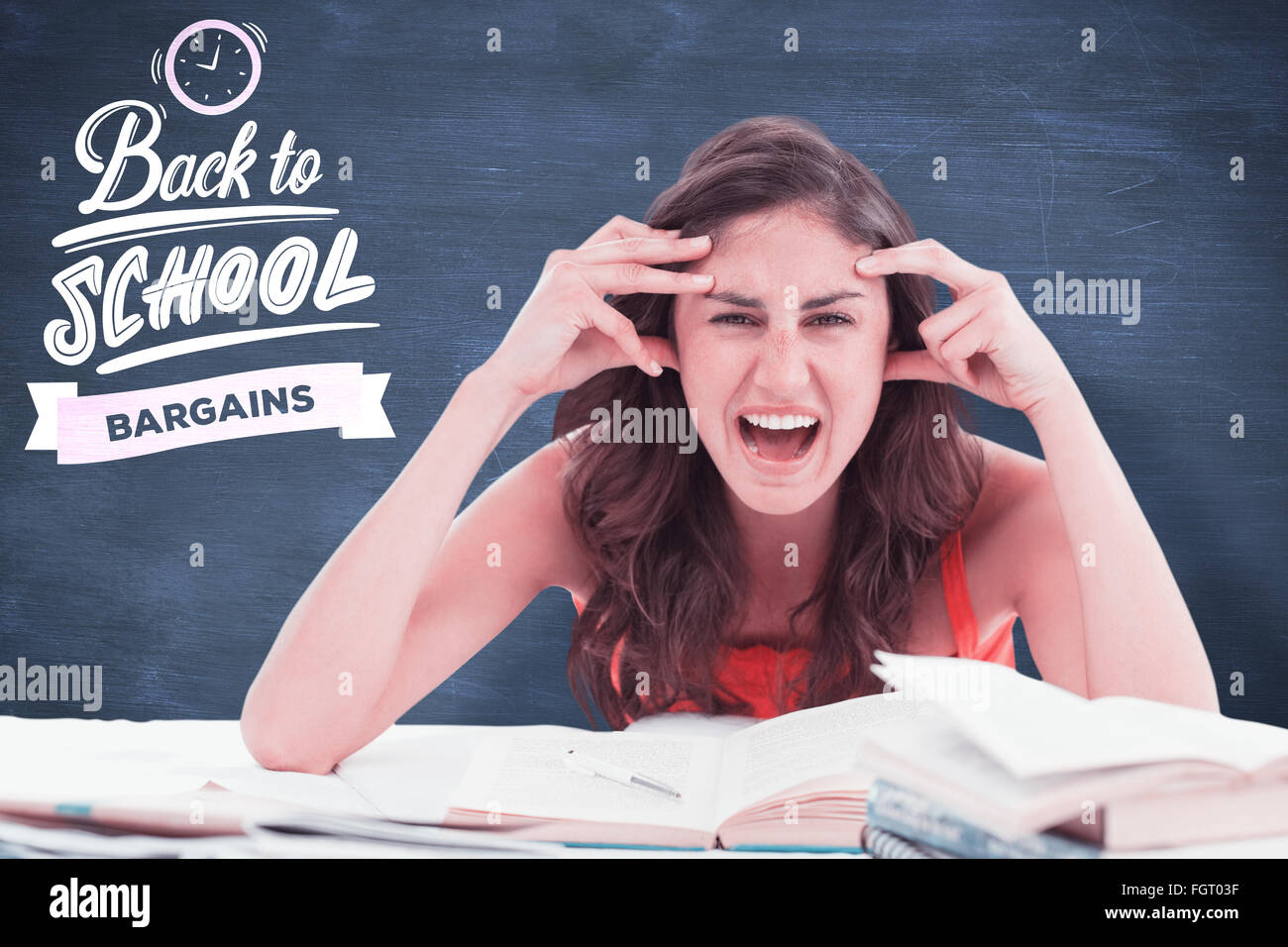 Composite image of student goes crazy doing her homework Stock Photo ...