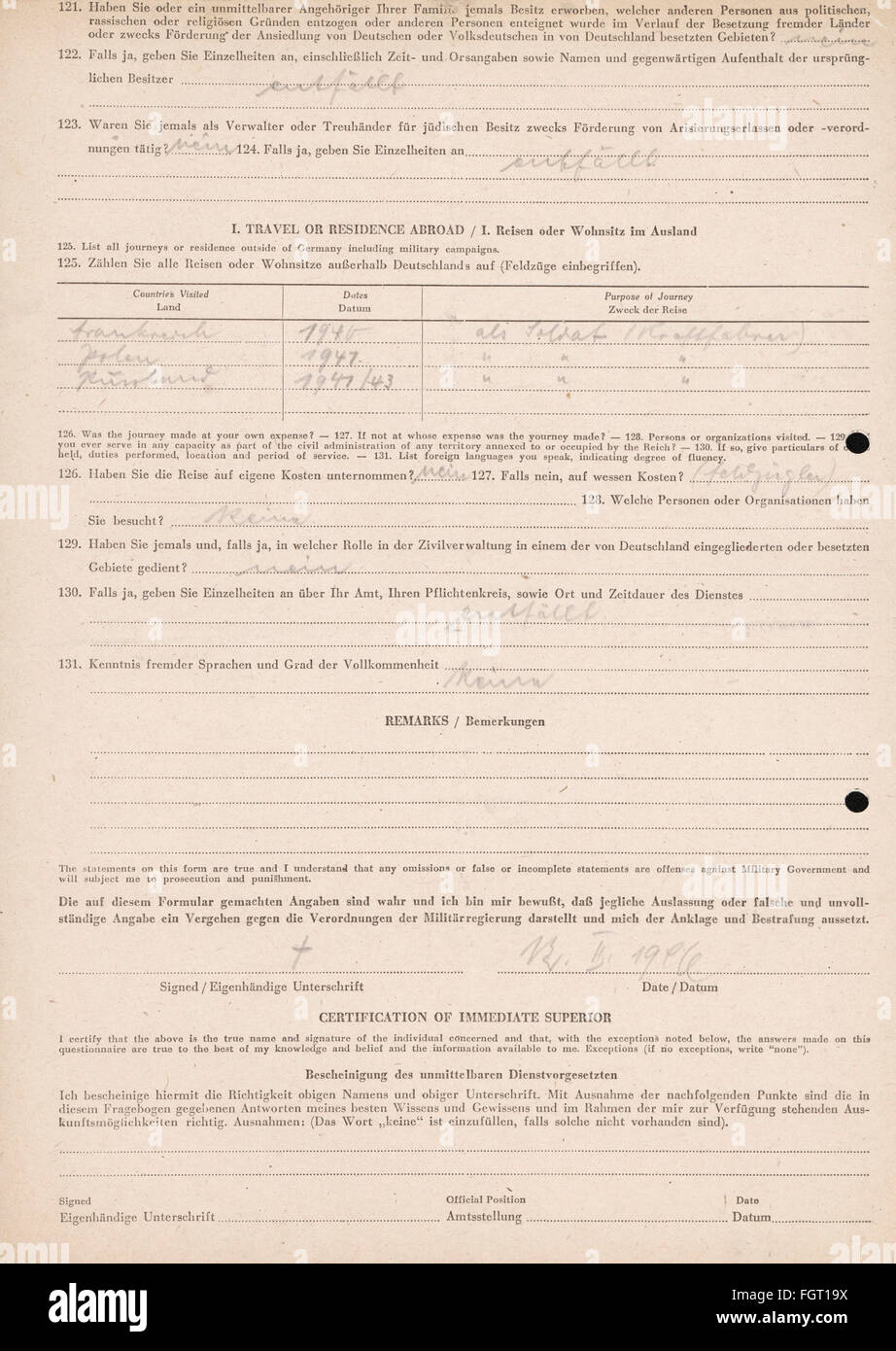post war period, denazification, questionnaire of the American Military ...