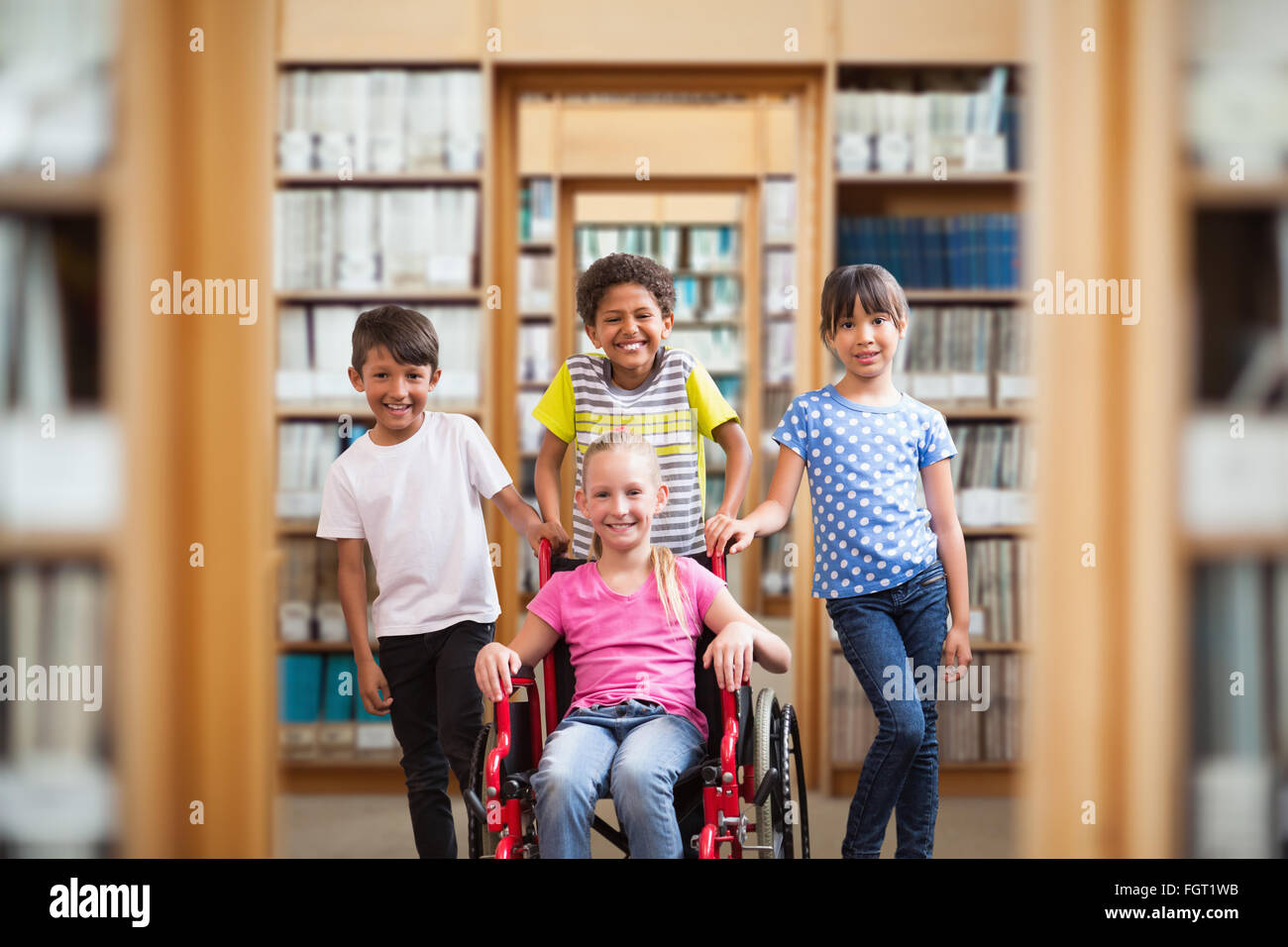 Composite image of cute disabled pupil smiling at camera with her ...