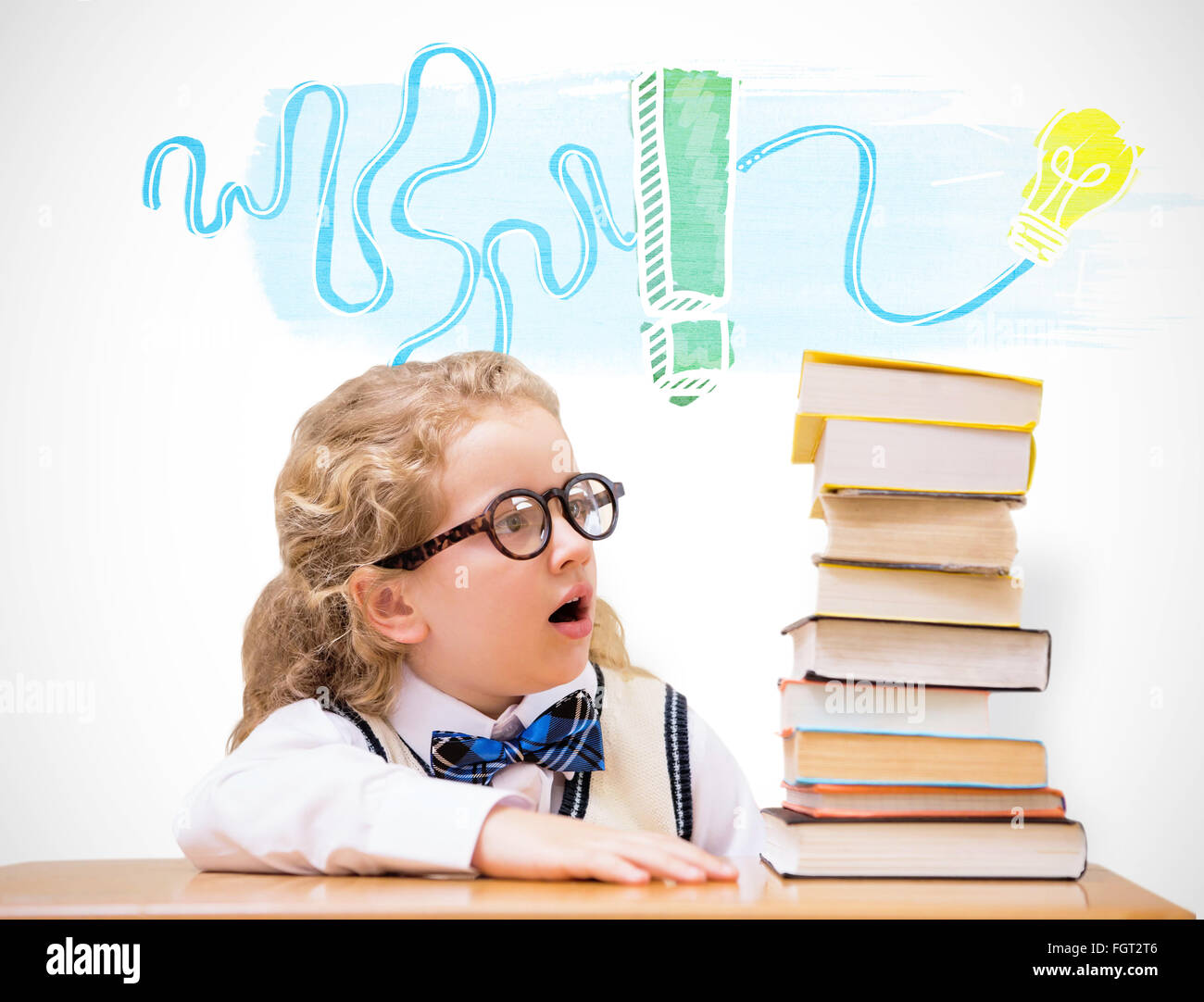 Composite image of surprise pupil looking at books Stock Photo - Alamy
