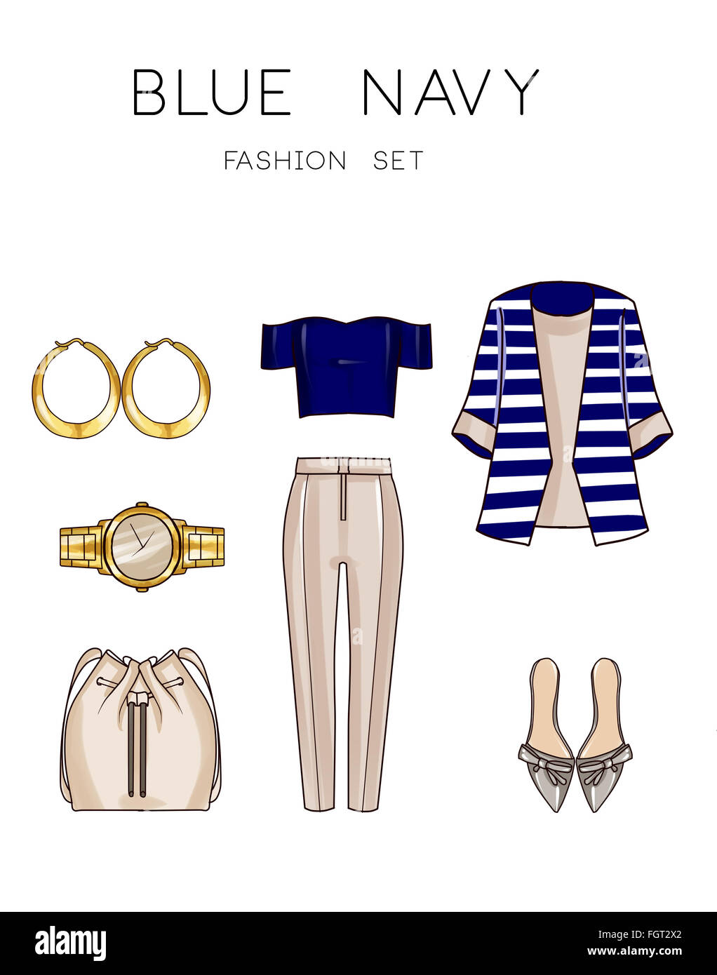 Fashion set of woman's clothes and accessories - Blue navy Outfit with ...