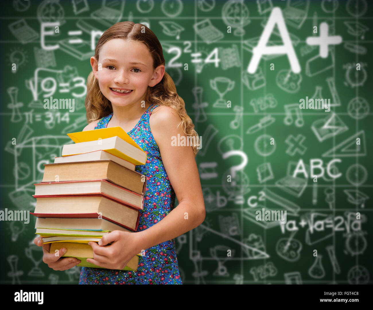 Composite image of cute little girl carrying books in library Stock ...