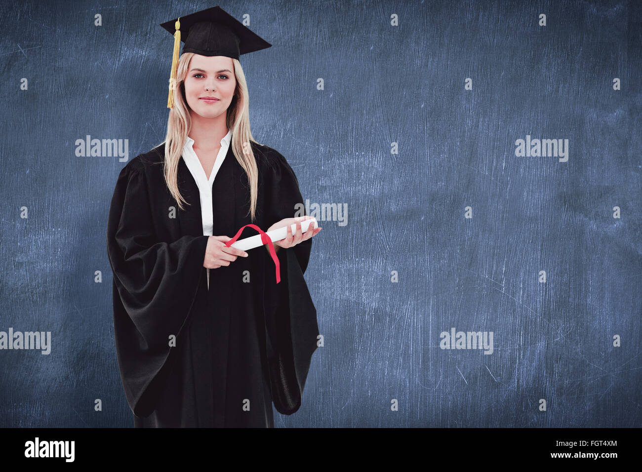 Composite image of blonde student in graduate robe holding her diploma ...