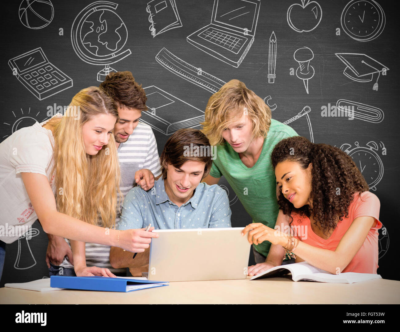Composite image of college students using laptop in library Stock Photo ...