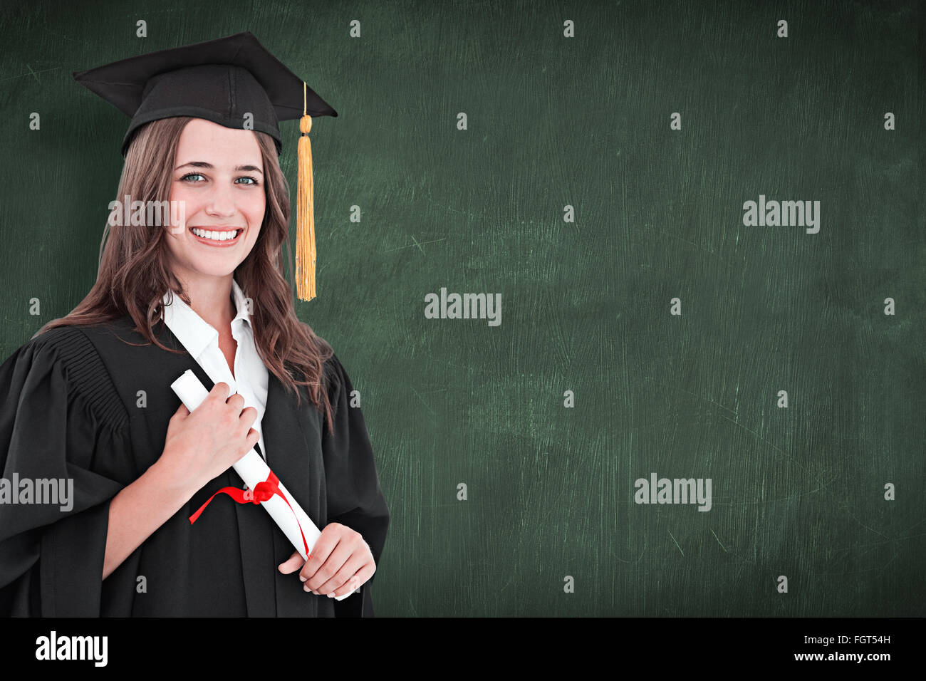 Composite image of a smiling woman with a degree in hand as she looks ...