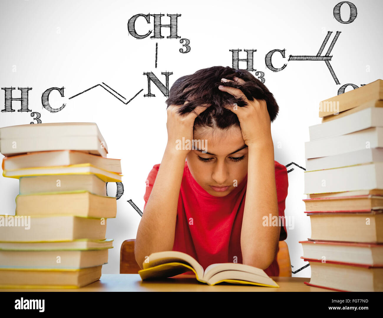 Composite image of tensed boy sitting with stack of books Stock Photo ...