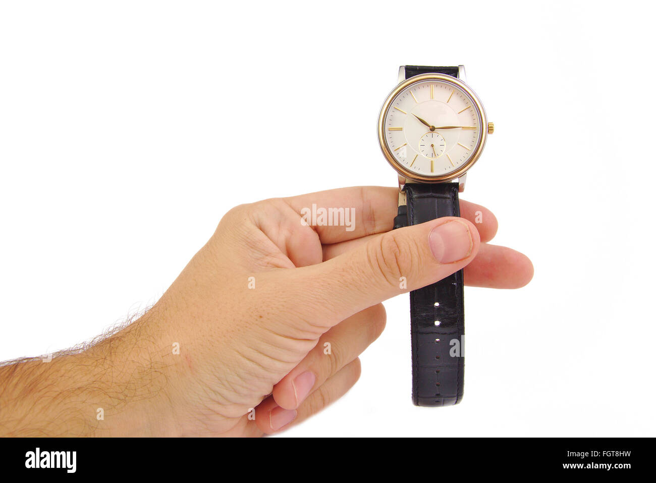 Man's hand with elegant watch on white background. Time concept Stock ...