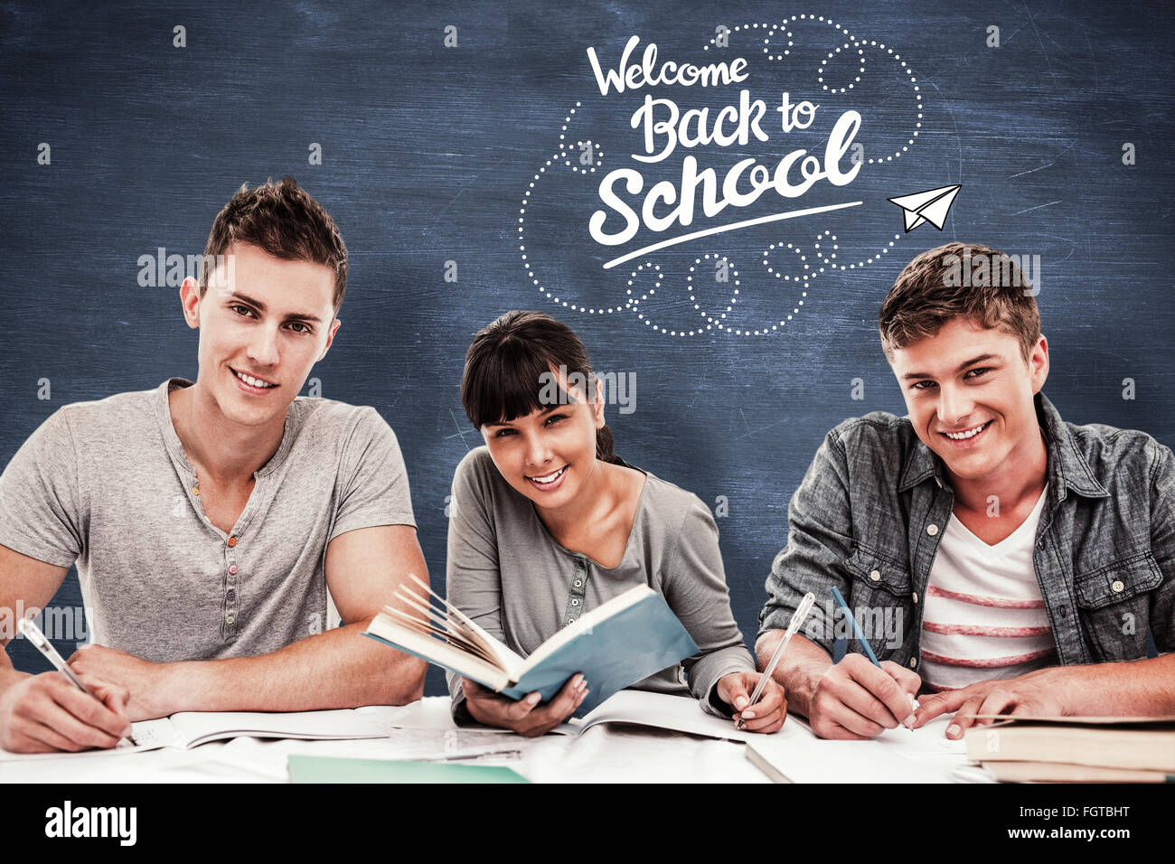 Composite image of students doing work together as they all look into ...