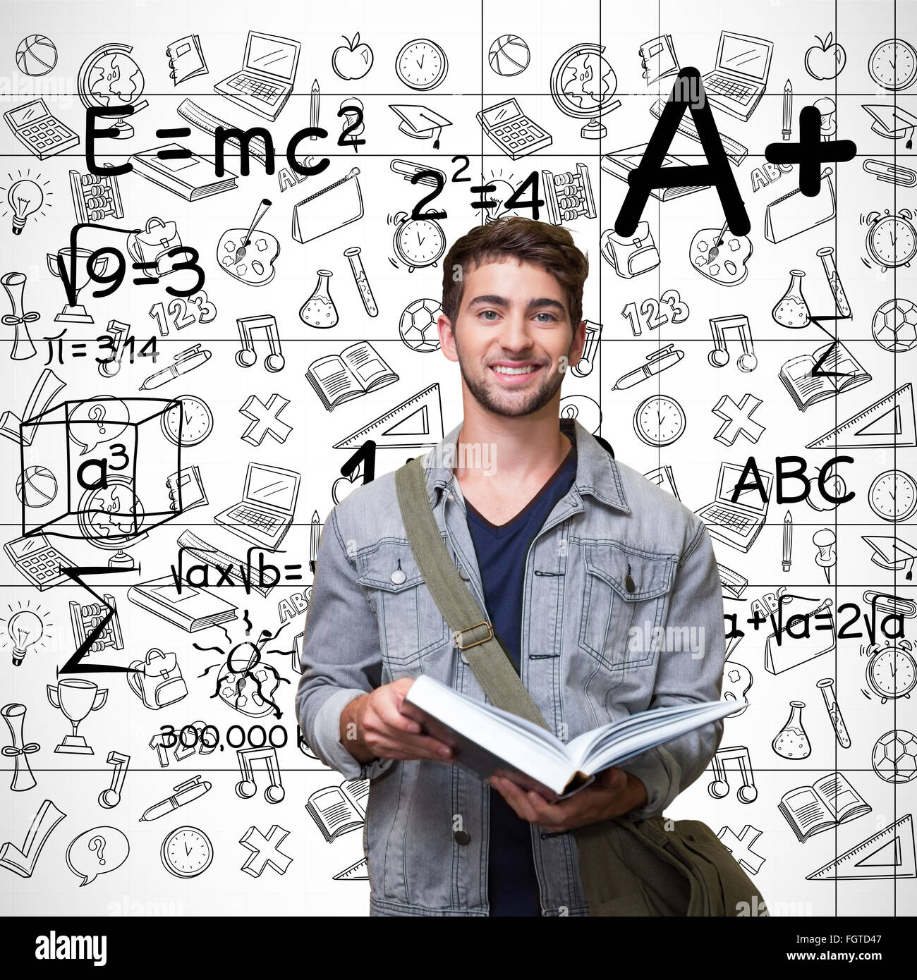 Composite image of student smiling at camera in library Stock Photo - Alamy