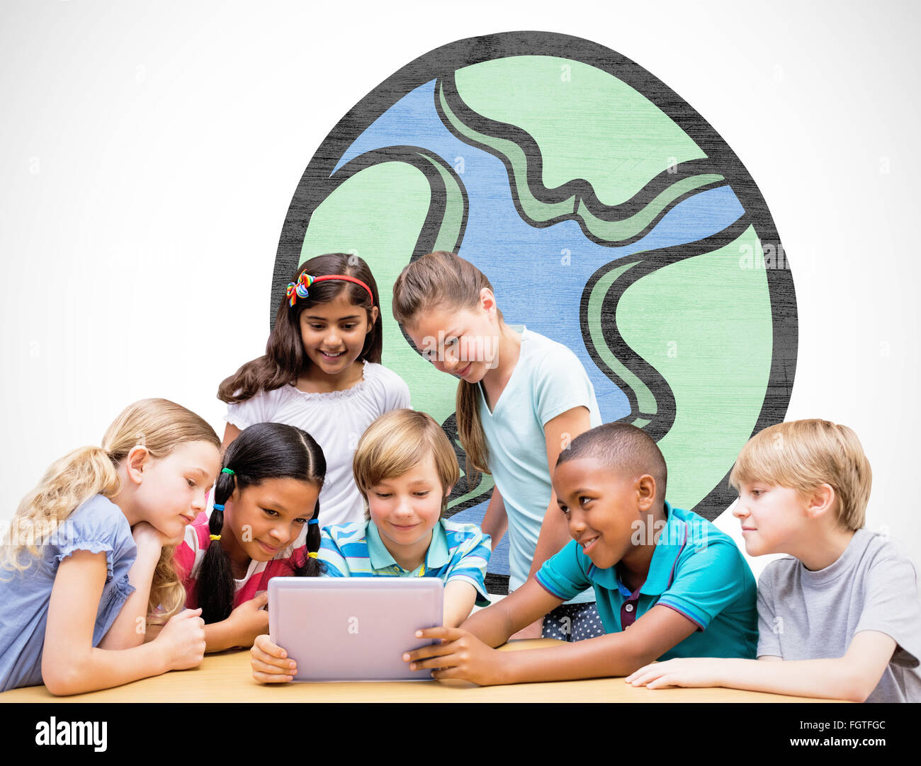 Composite image of cute pupils using tablet computer in library Stock ...