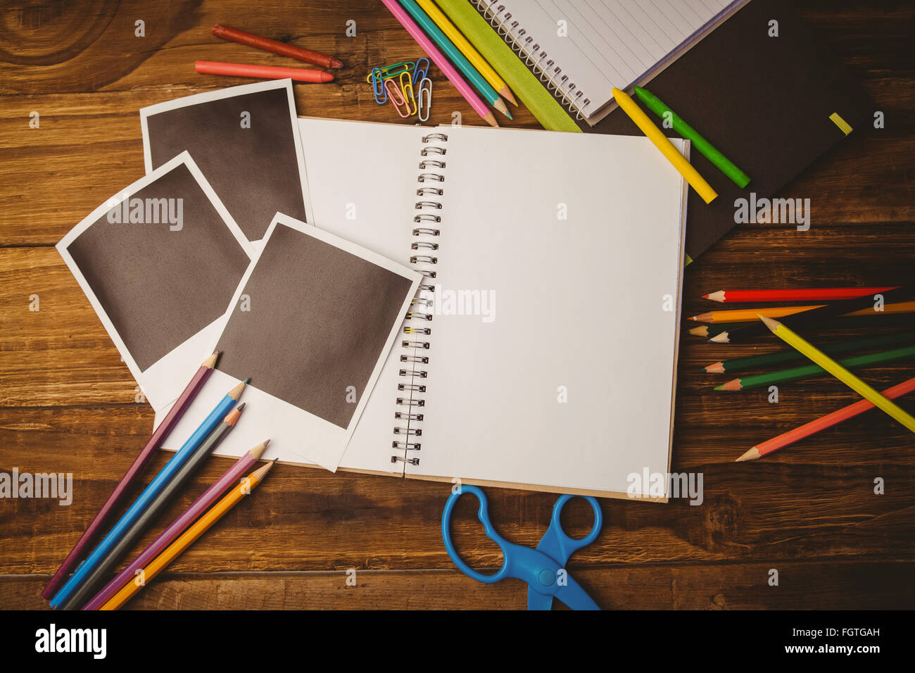School supplies on desk with copy space Stock Photo - Alamy