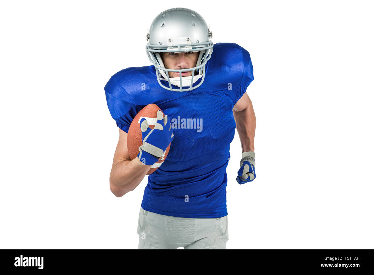 Confident American football player running with ball Stock Photo - Alamy