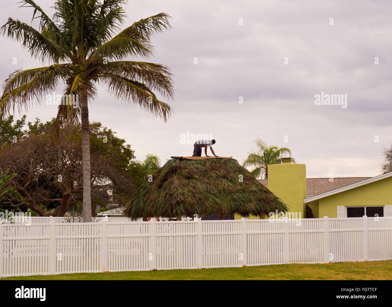 Building a backyard TIKI Hut in Florida Stock Photo - Alamy