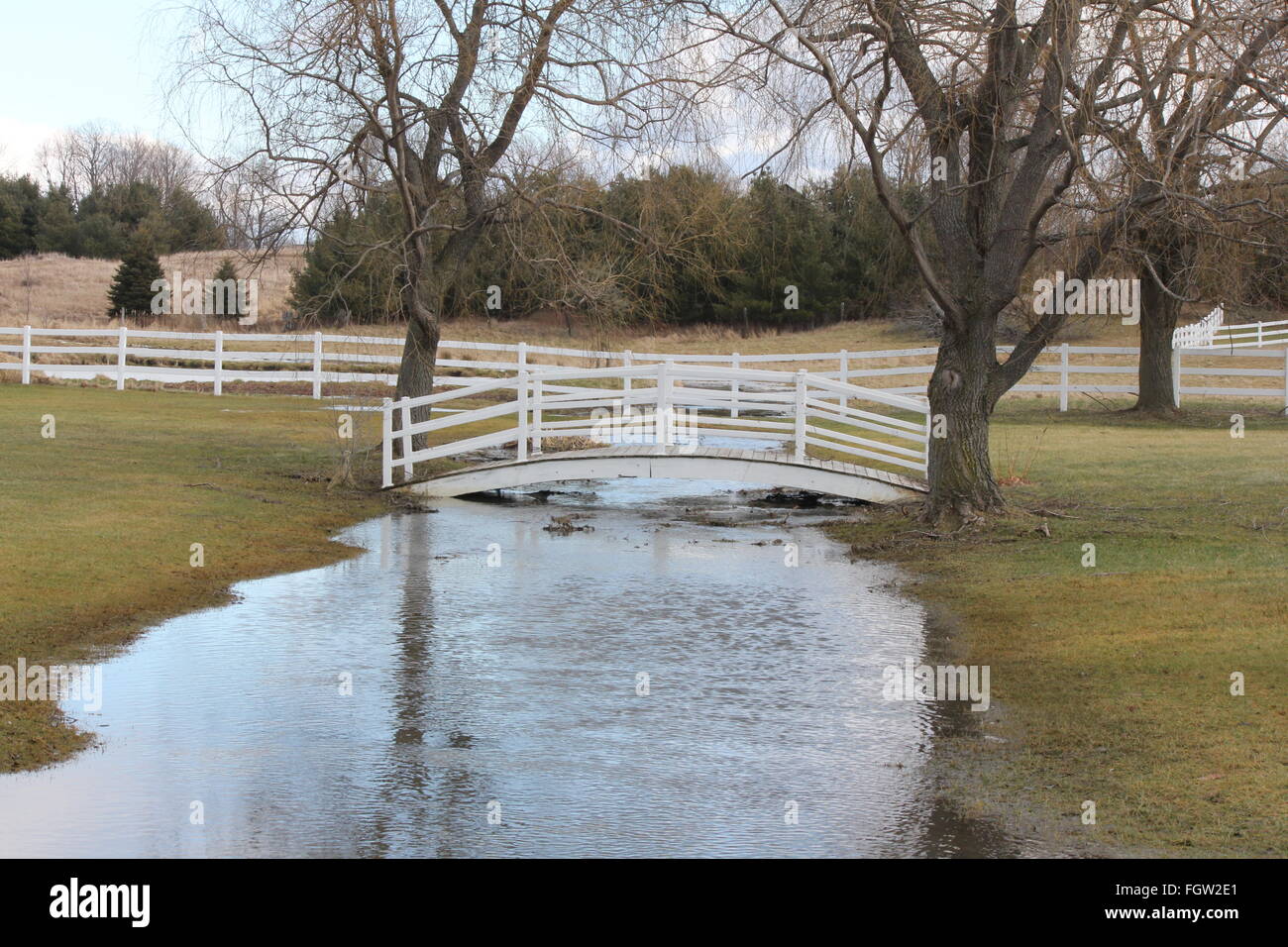 Little, private, white footbridge spanning a ditch full of water Stock ...
