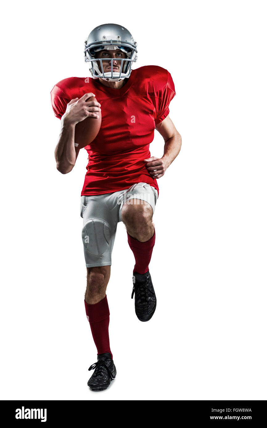 Full length of American football player in red jersey running Stock ...