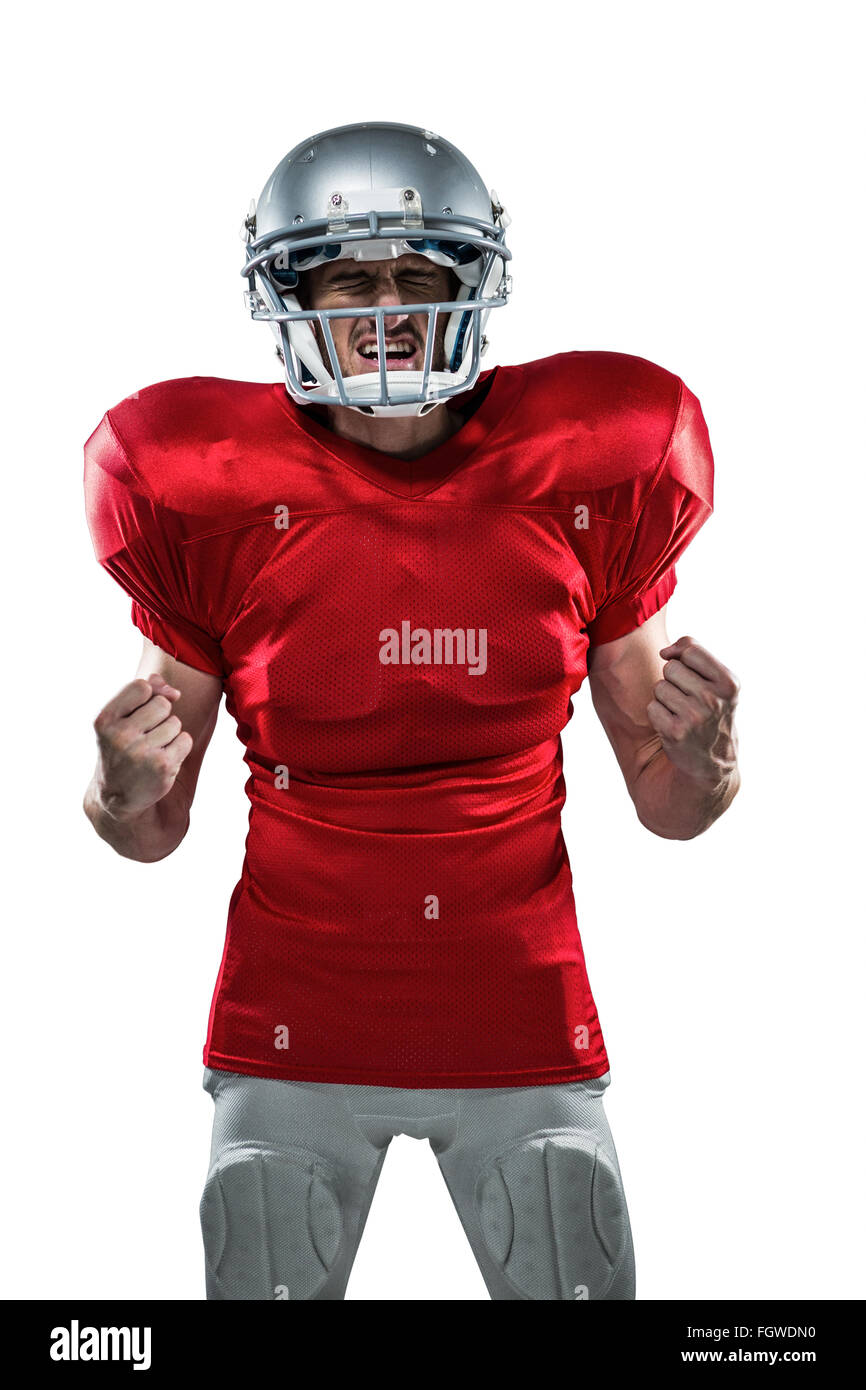 Irritated American football player in red jersey screaming Stock Photo ...