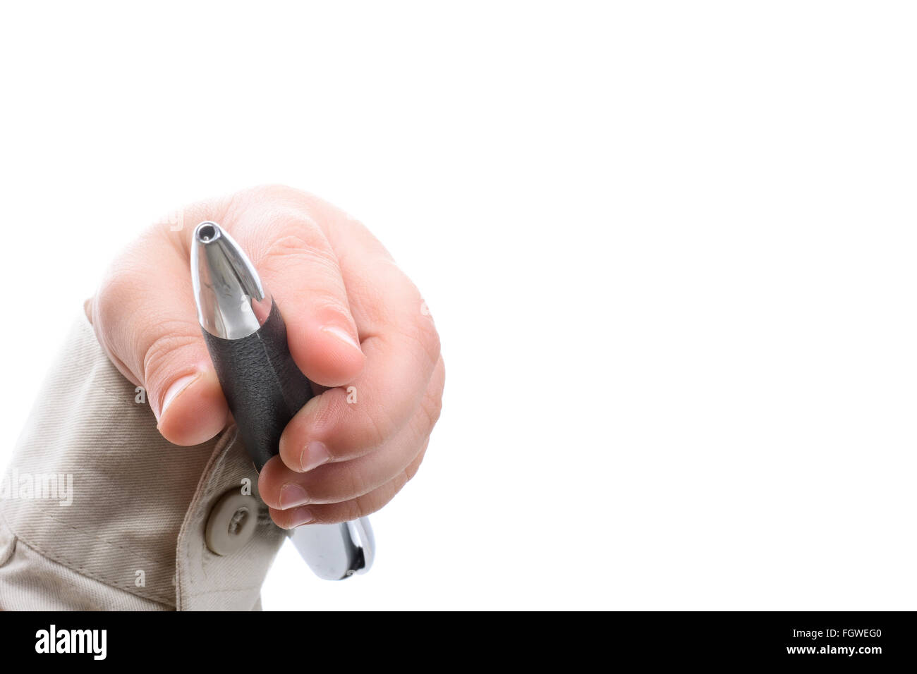 Baby holding a pen in his hand on a white background Stock Photo - Alamy