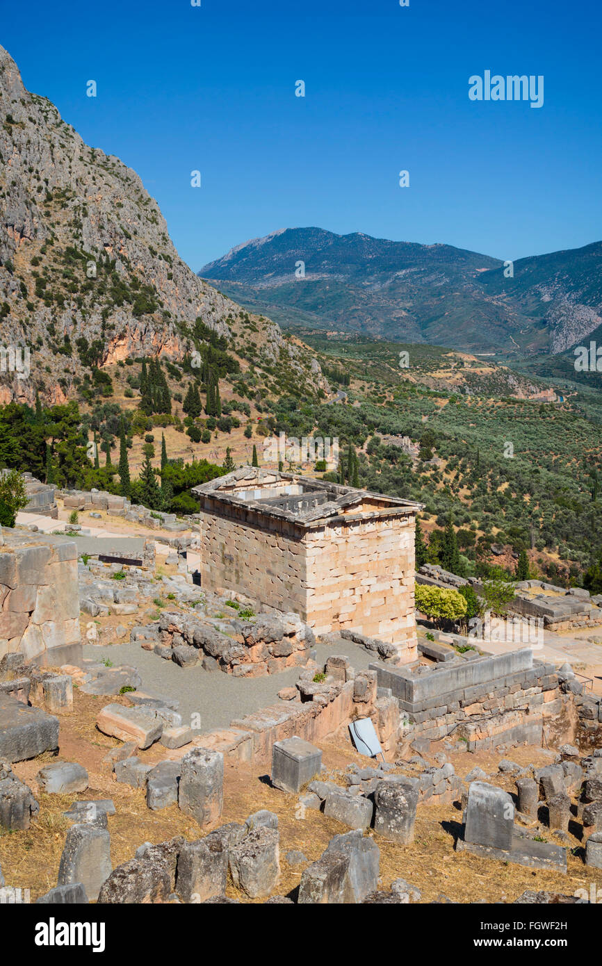 Ancient Delphi, Phocis, Greece. Treasury of the Athenians. Built around ...