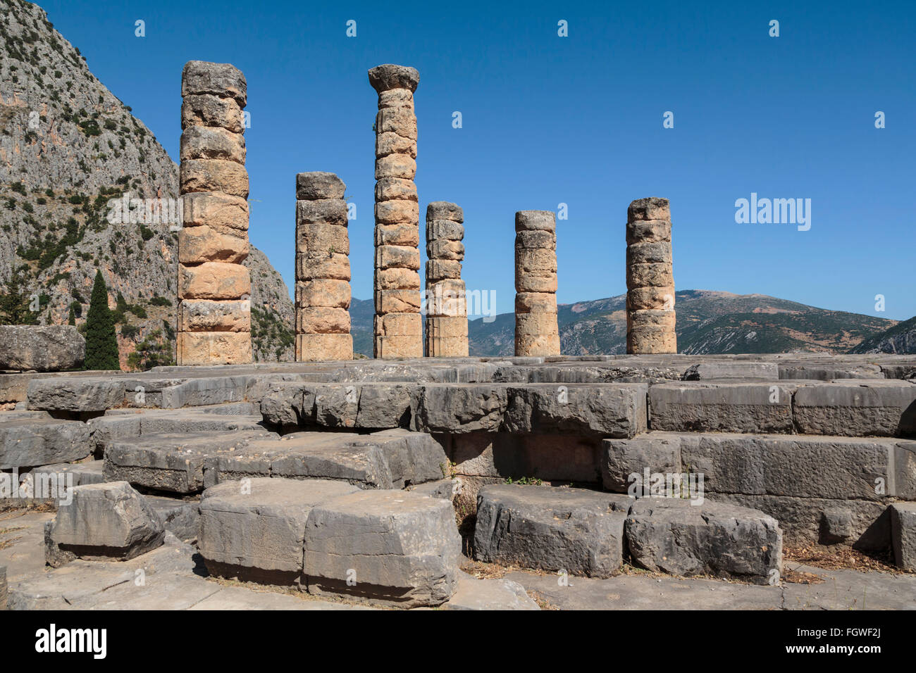 Ancient Delphi, Phocis, Greece. Remains of the Temple of Apollo. Today ...