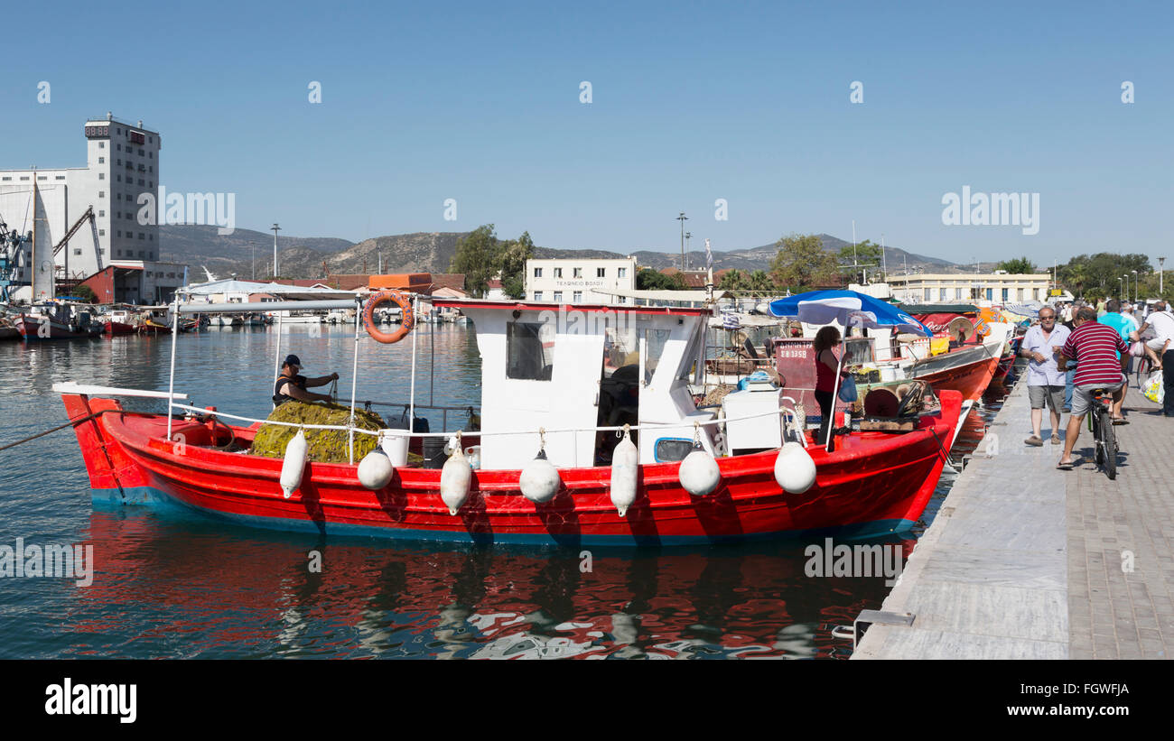 Volos, Thessaly, Greece. Fishing boats moored on the harbour front ...