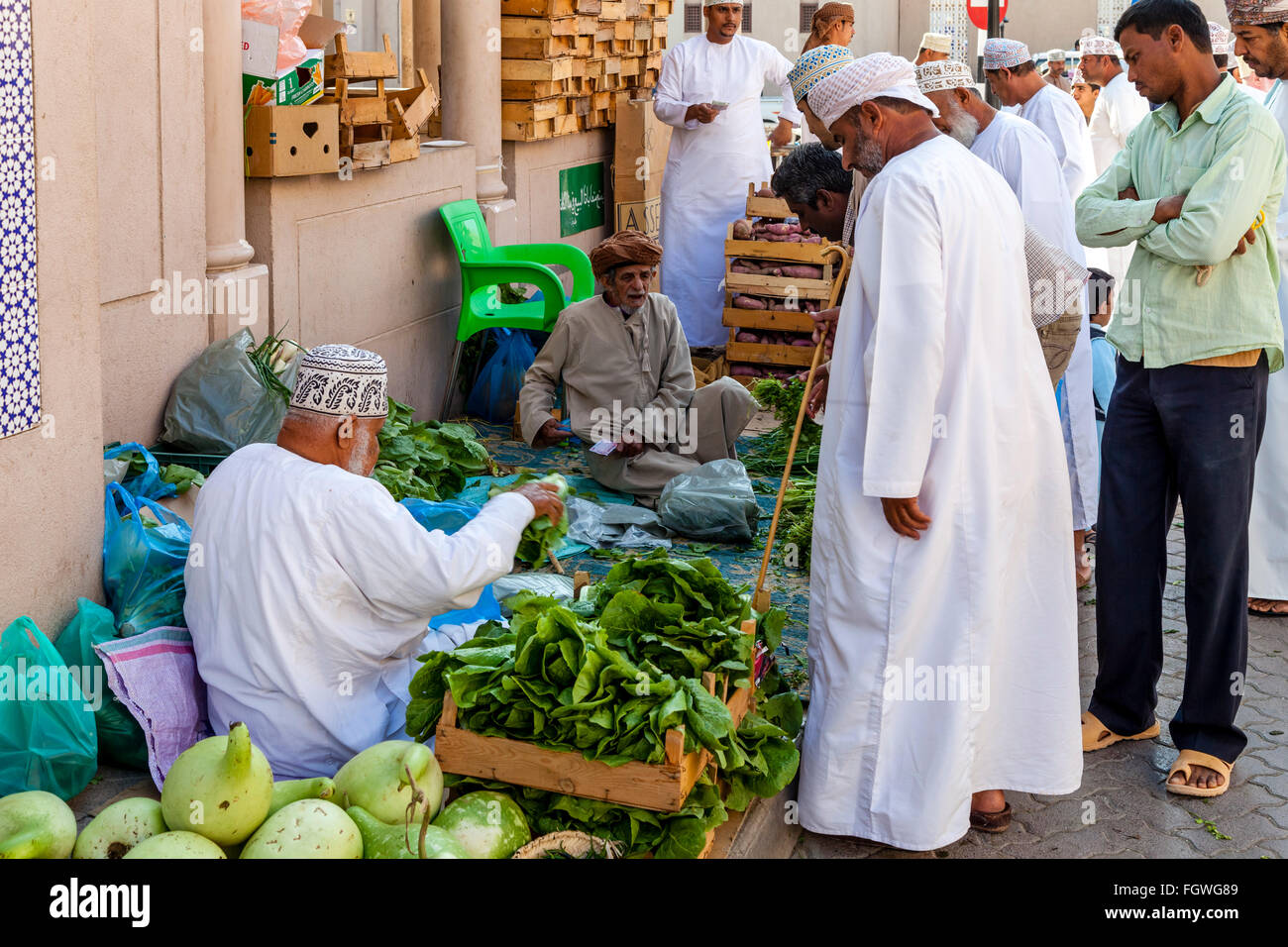 Omani Men Shopping In The Vegetable Market, Nizwa, Ad Dakhiliyah Region ...