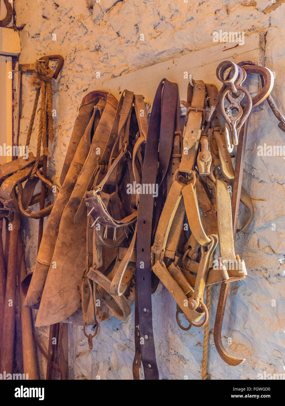 Accessories for horse back riding hang from a rack against a stone wall ...