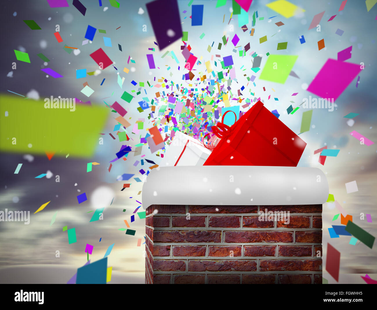 Composite image of chimney filled with gift Stock Photo - Alamy