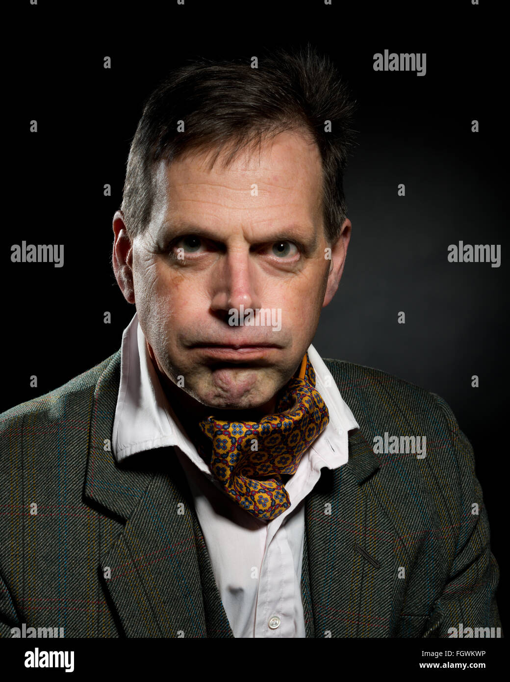 Middle aged slightly grumpy man. Dressed in tweed suit with cravat ...