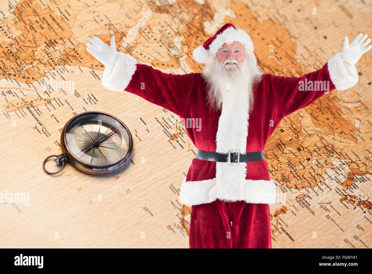 Composite image of jolly santa opens his arms to camera Stock Photo - Alamy
