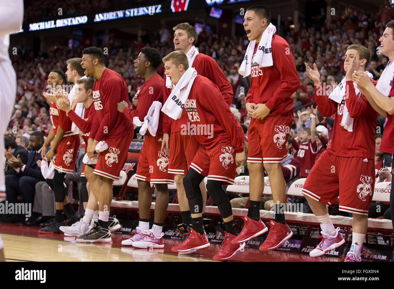 Madison, WI, USA. 21st Feb, 2016. Wisconsin bench reacts after a basket ...
