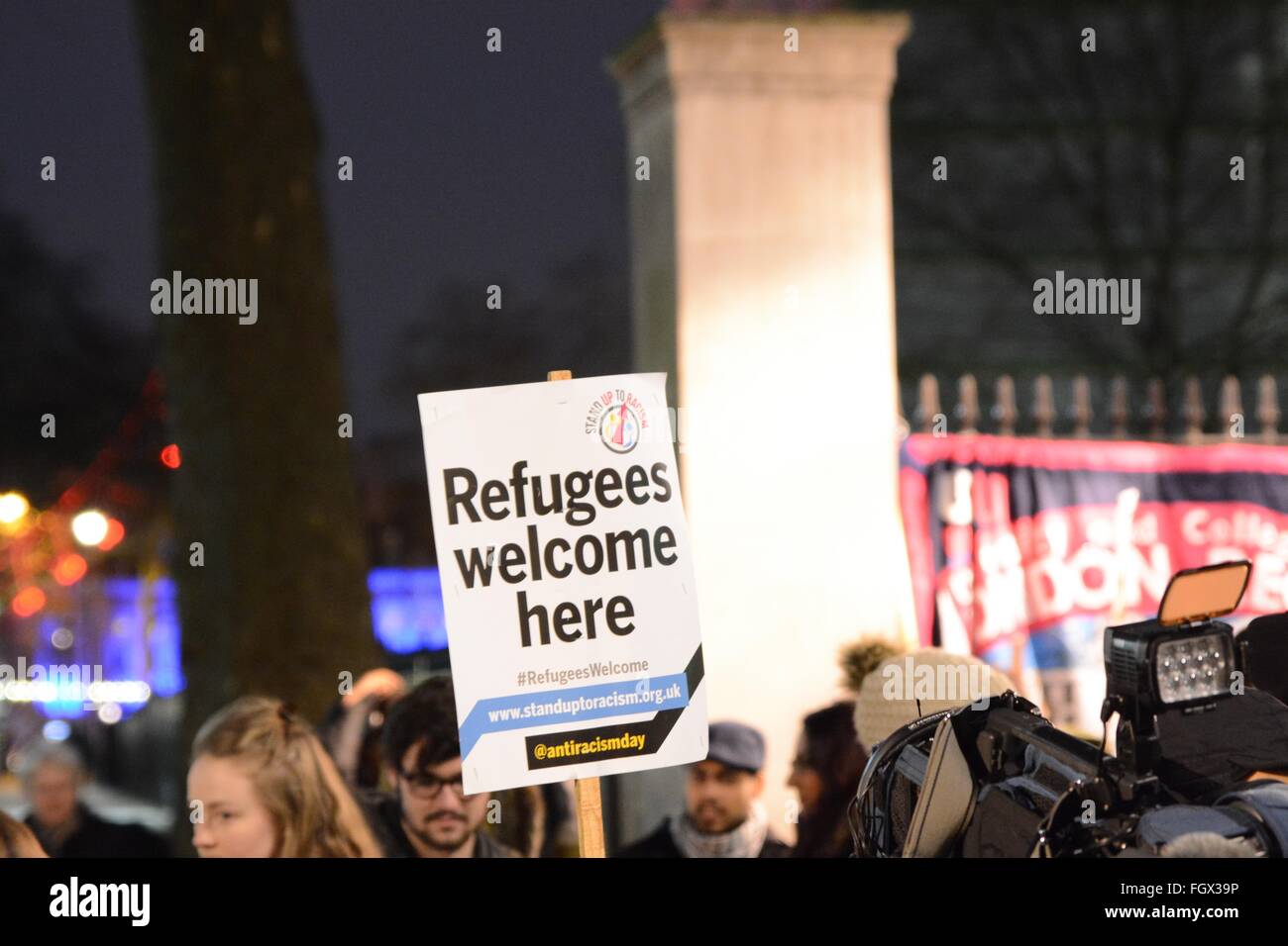 London, UK. 22nd February, 2016. Refugees Welcome placard in Whitehall ...
