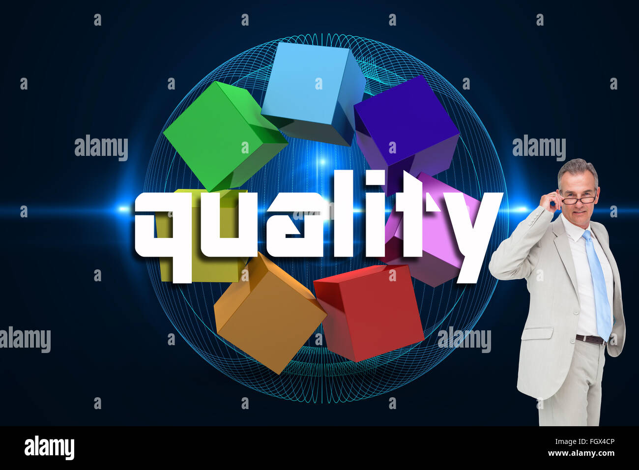 Quality against futuristic glowing black background Stock Photo - Alamy