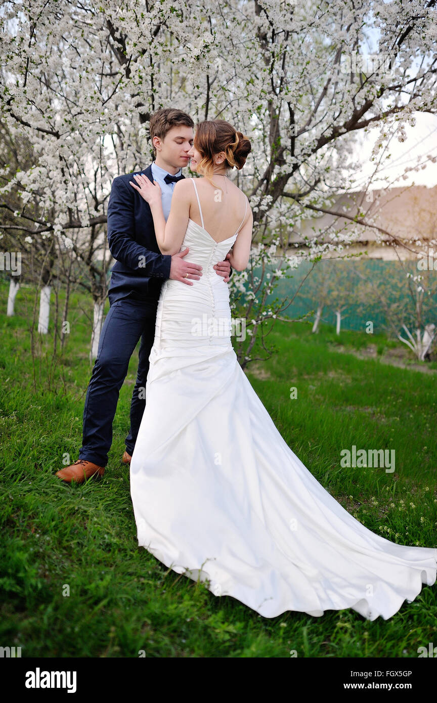 bride and groom embracing in a blossoming spring garden Stock Photo - Alamy