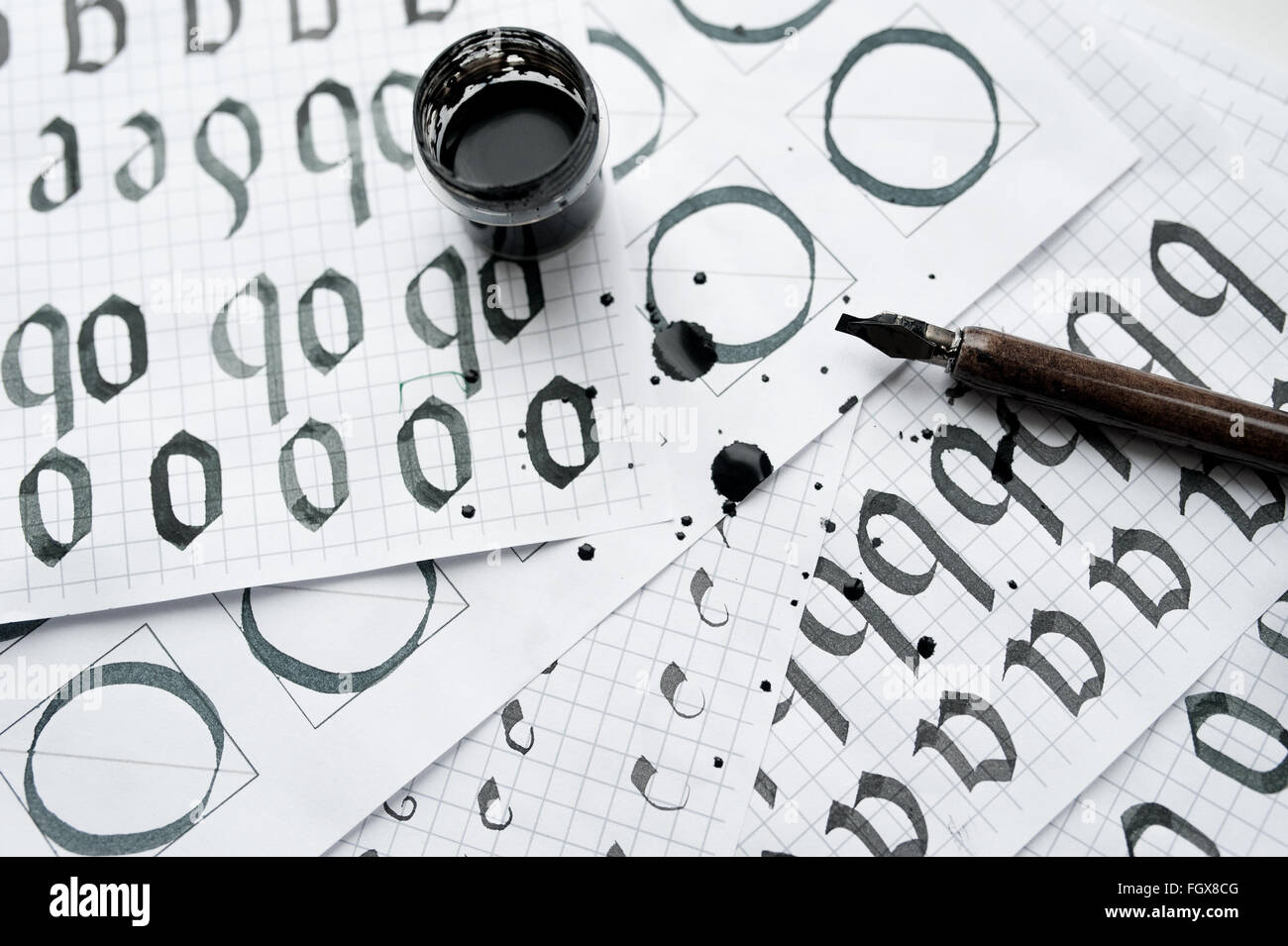 learning calligraphy - paper with example and brush and ink Stock Photo ...